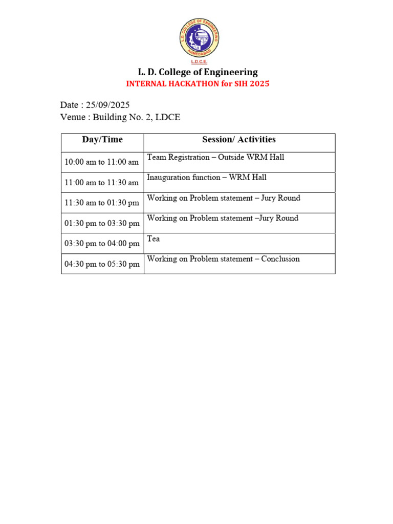 SIH 2025 Internal Hackathon Schedule | PDF