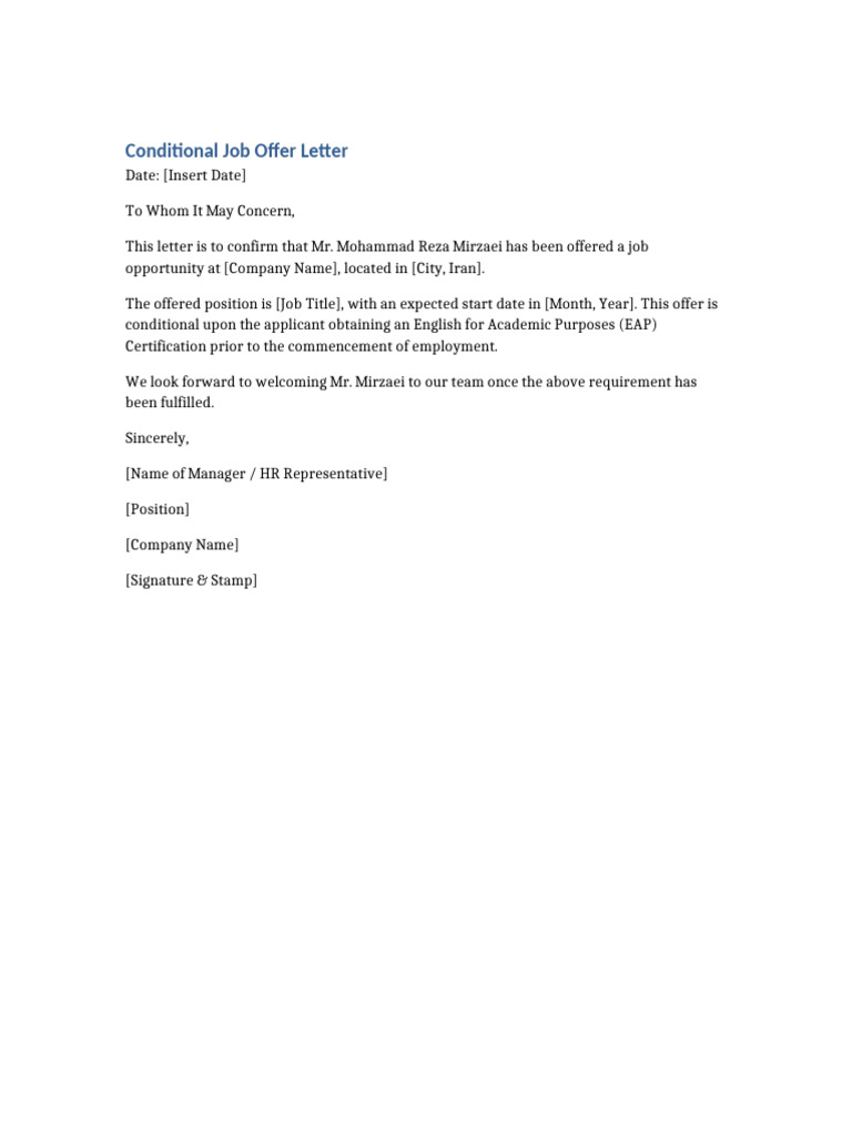 Conditional Job Offer Letter | PDF