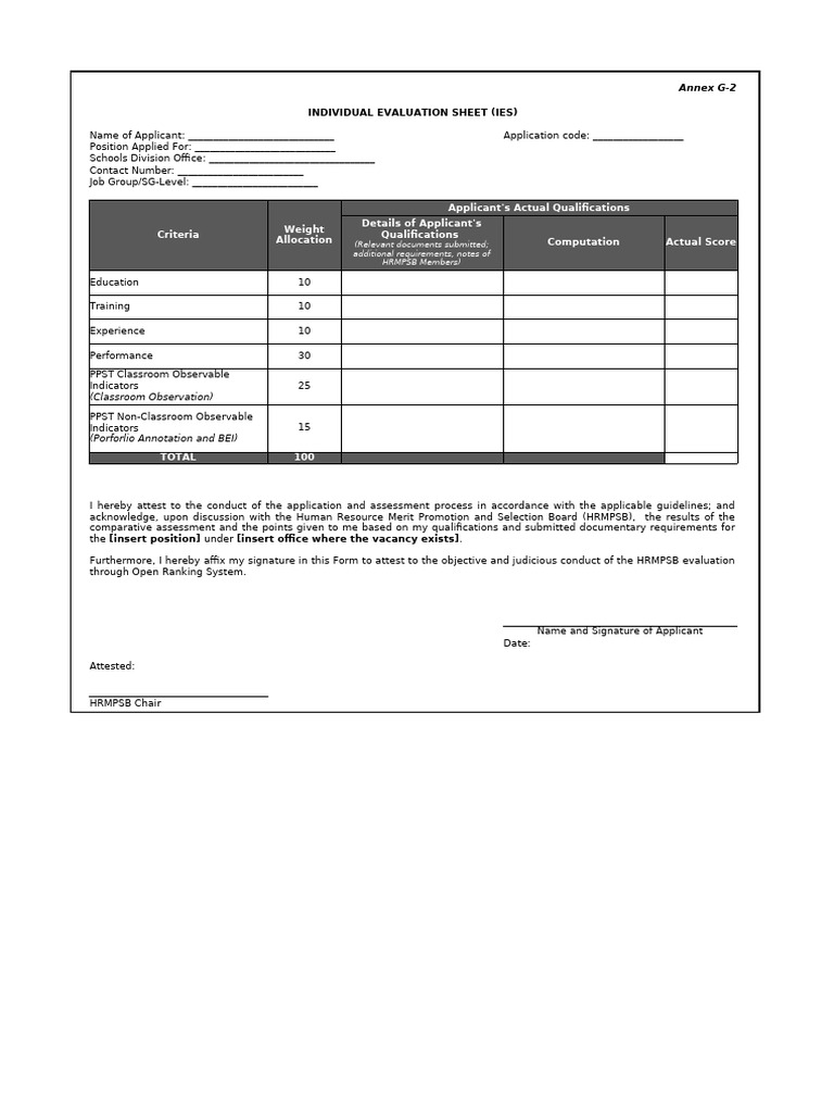 Annex G 2 - Evaluation Sheet IES 1 | PDF