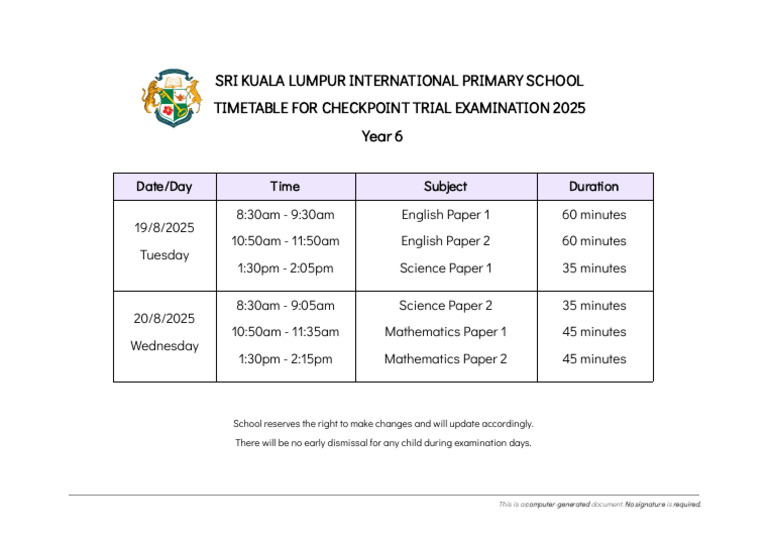 Year 6 Trial Exam Timetable 2025 | PDF