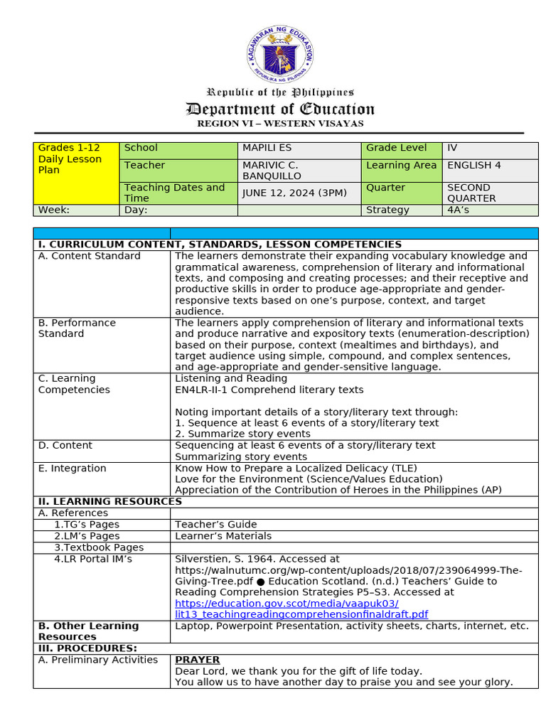 Sample Lp Matatag English 4 | PDF | Reading Comprehension