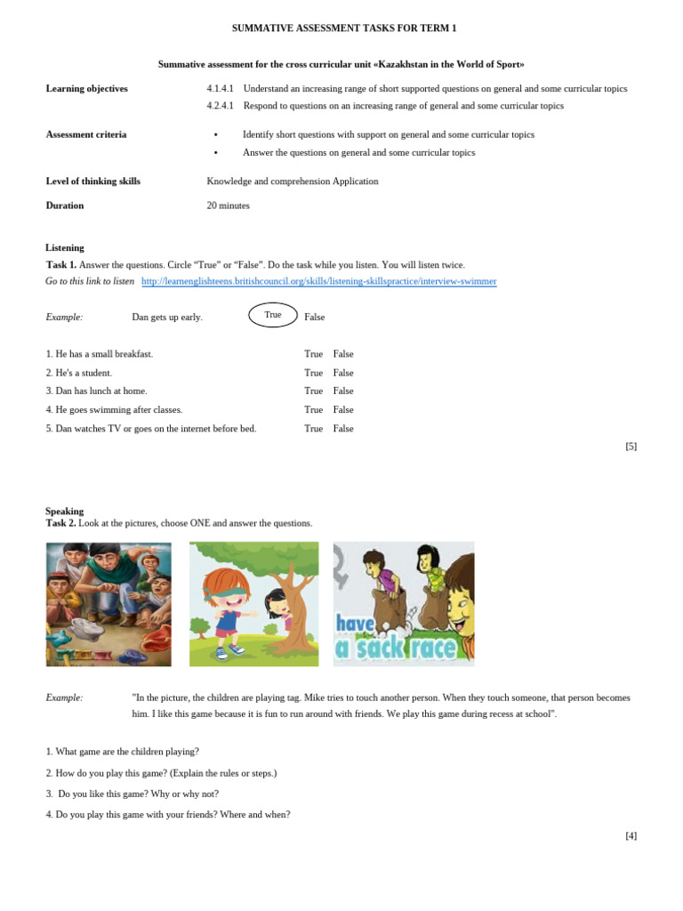 Kazakhstan Sports Assessment Tasks | PDF | Vocabulary | Curriculum