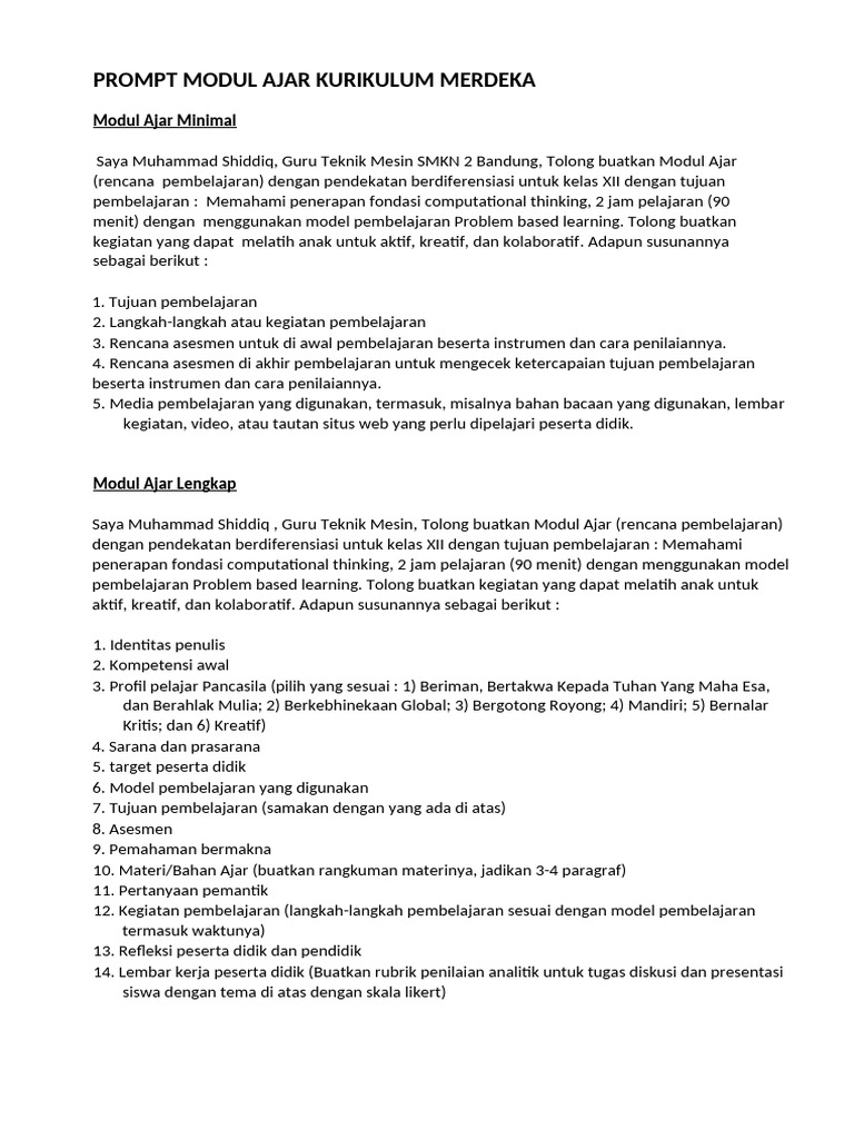 Contoh Prompt Modul Ajar Chat Gpt | PDF