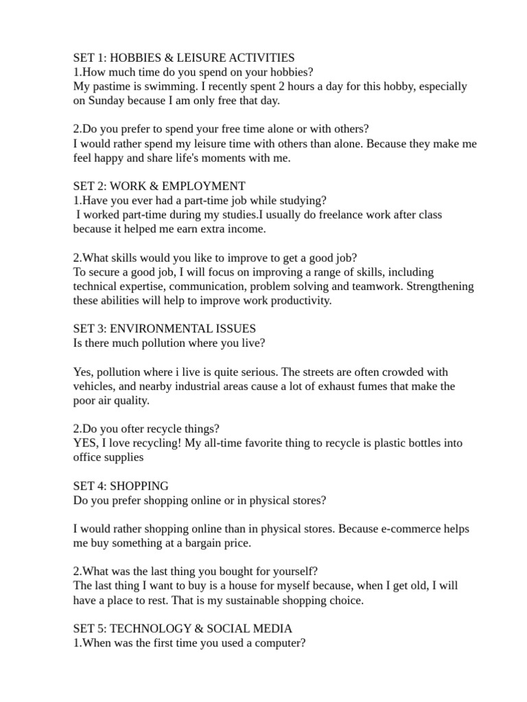 Part1 Speaking Av7 | PDF | Hobbies | Leisure
