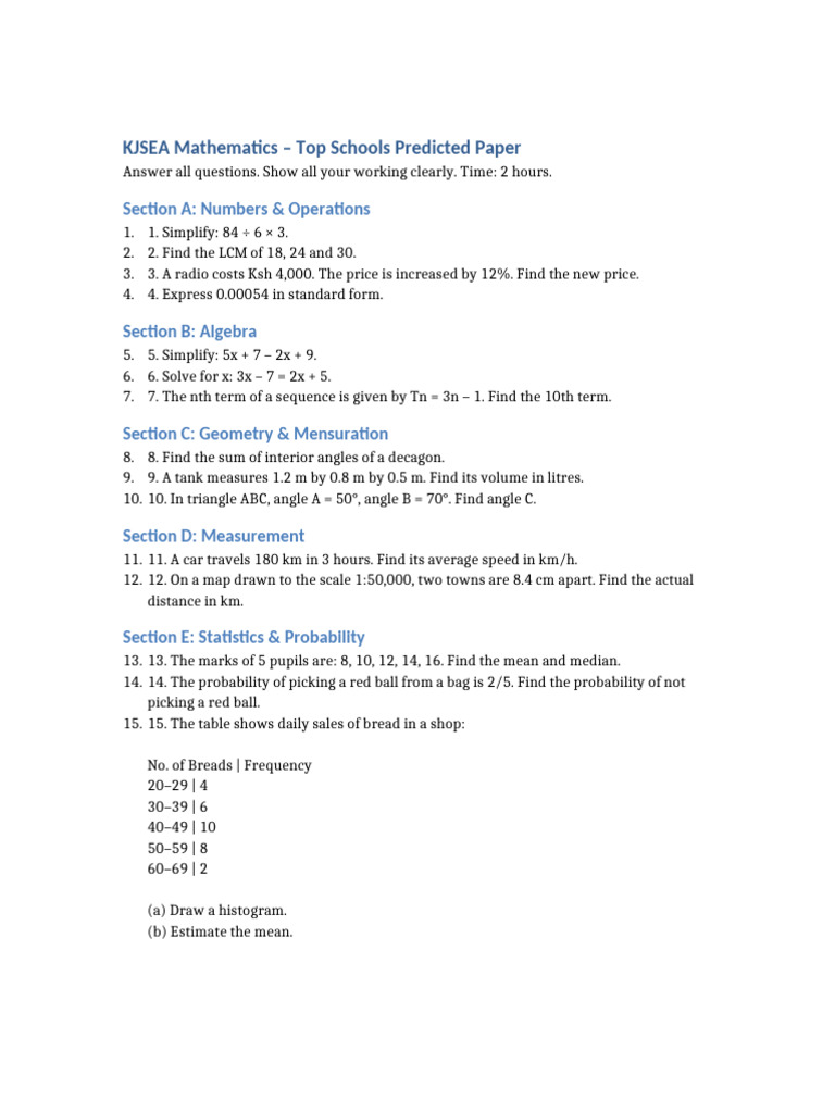 KJSEA Math Top Schools Prediction Paper | PDF