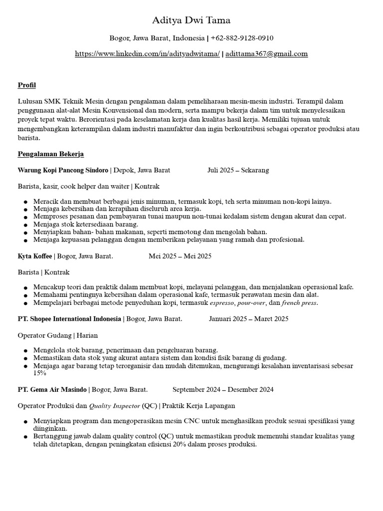 Curriculum Vitae - Aditya Dwi Tama-1.Docx_20250916_223625_0000 | PDF