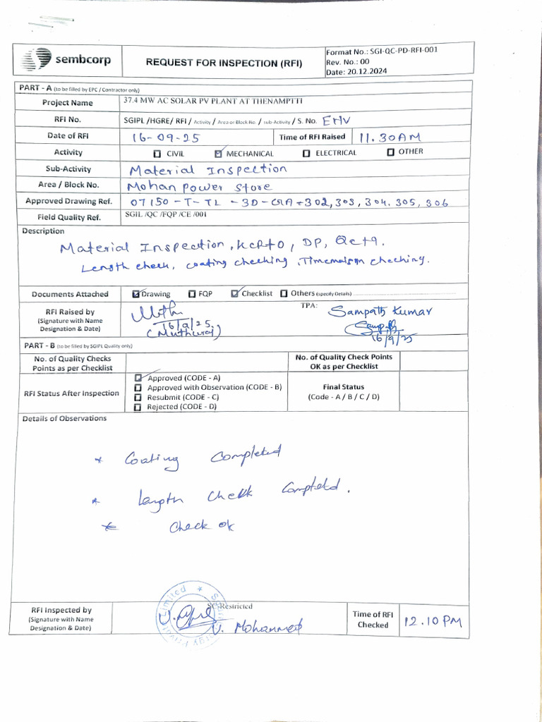 Solar PV Plant RFI and Inspection Report | PDF | Quality