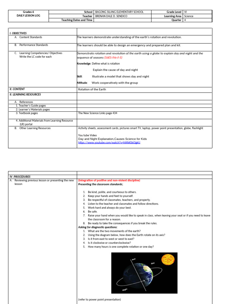 Cot DLP Science 6 Earth's Rotation | PDF | Teachers | Learning