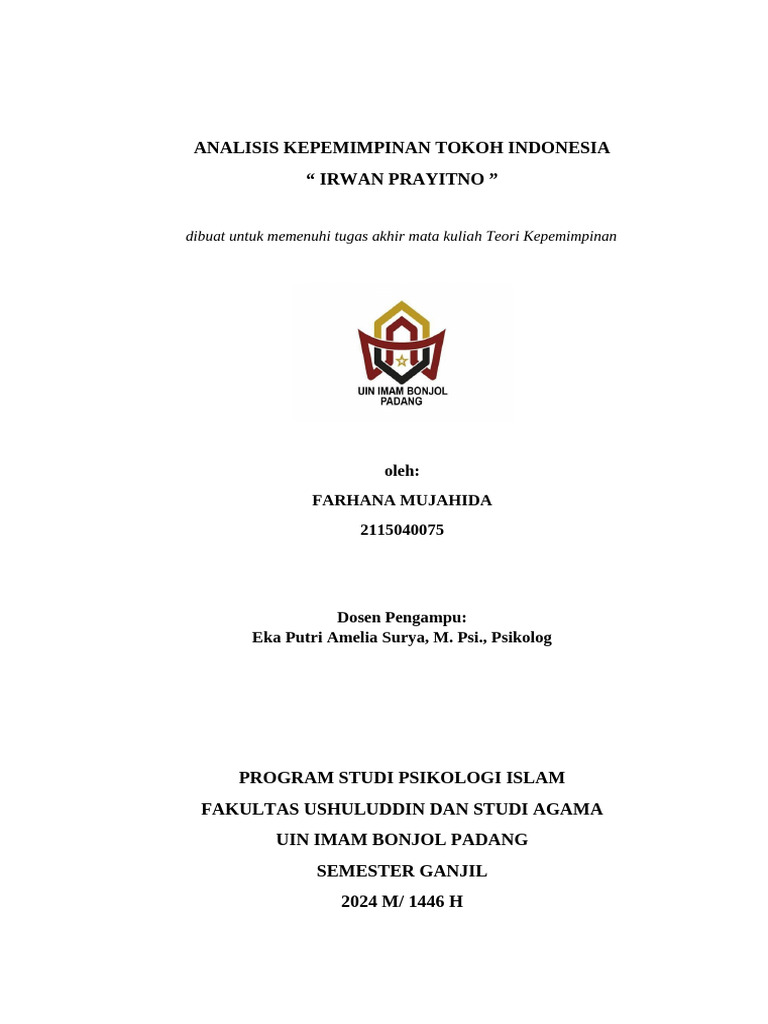 Analisis Kepemimpinan Irwan Prayitno | PDF