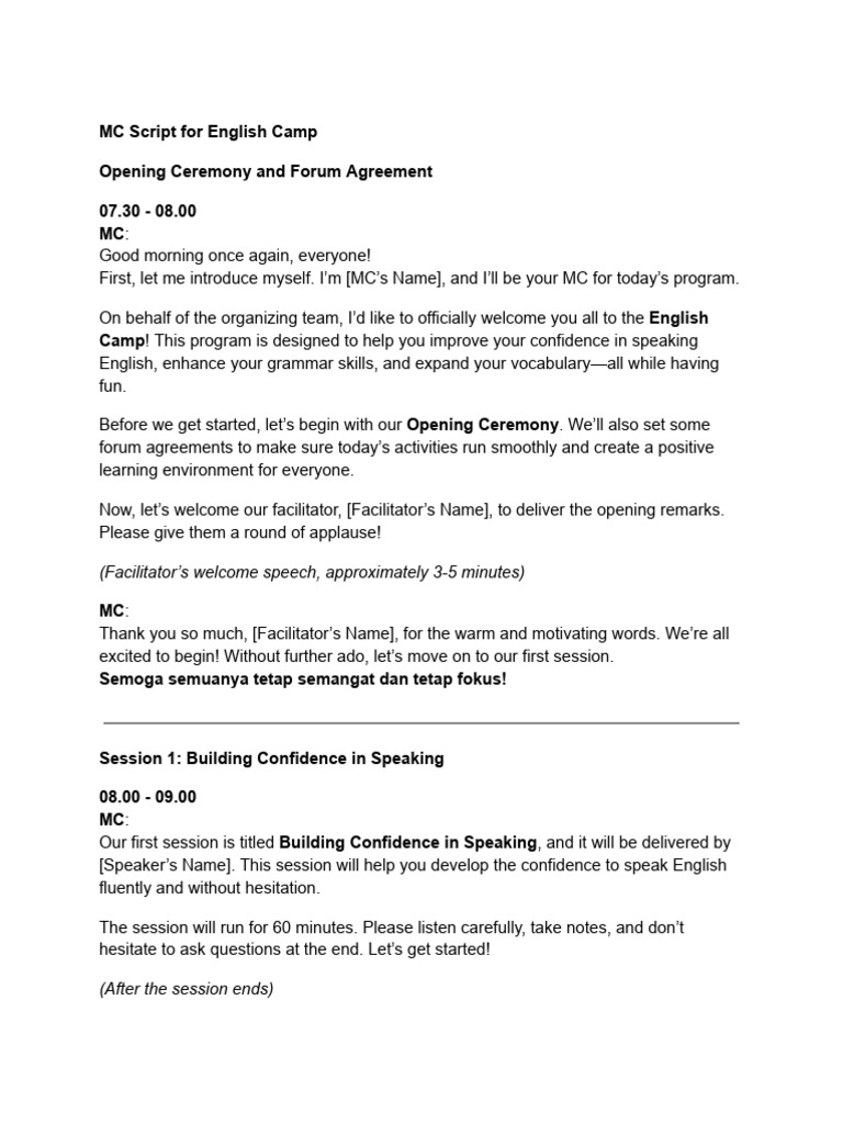 English Camp MC Script Overview | PDF | English Language | Cognition