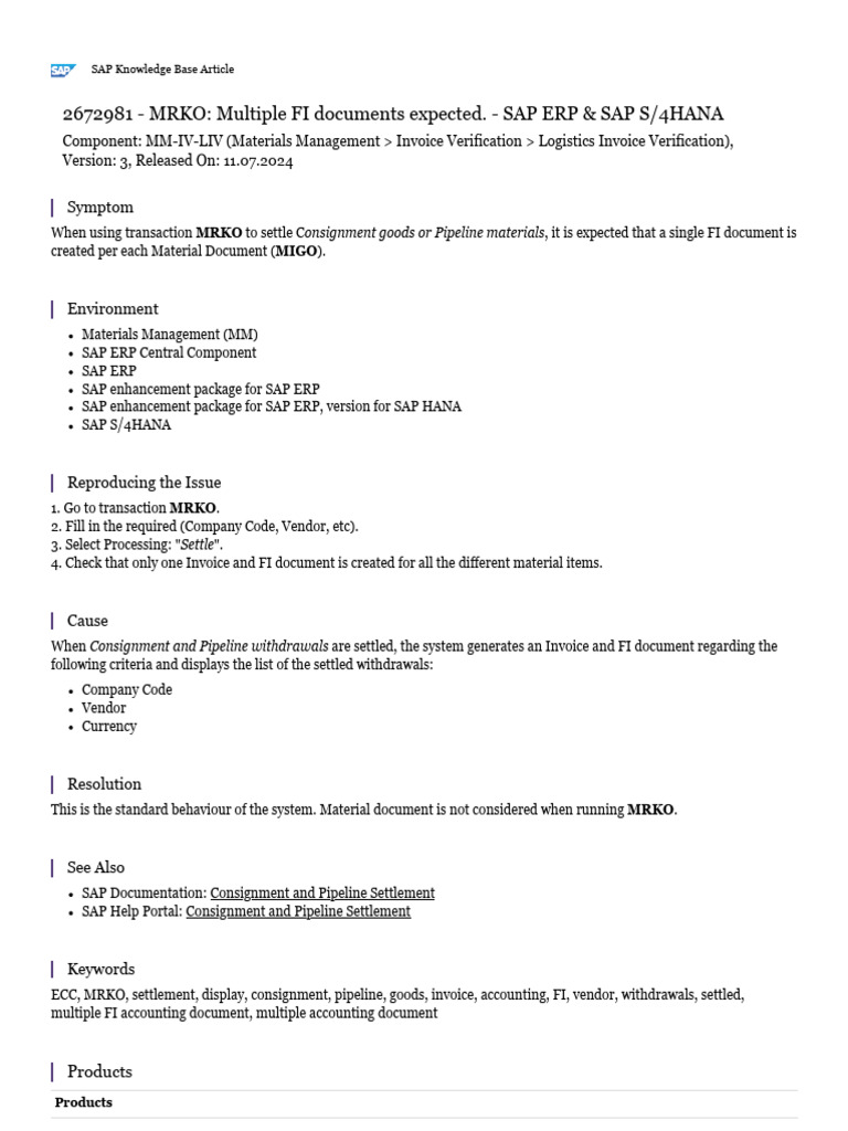 SAP Note On MRKO | PDF