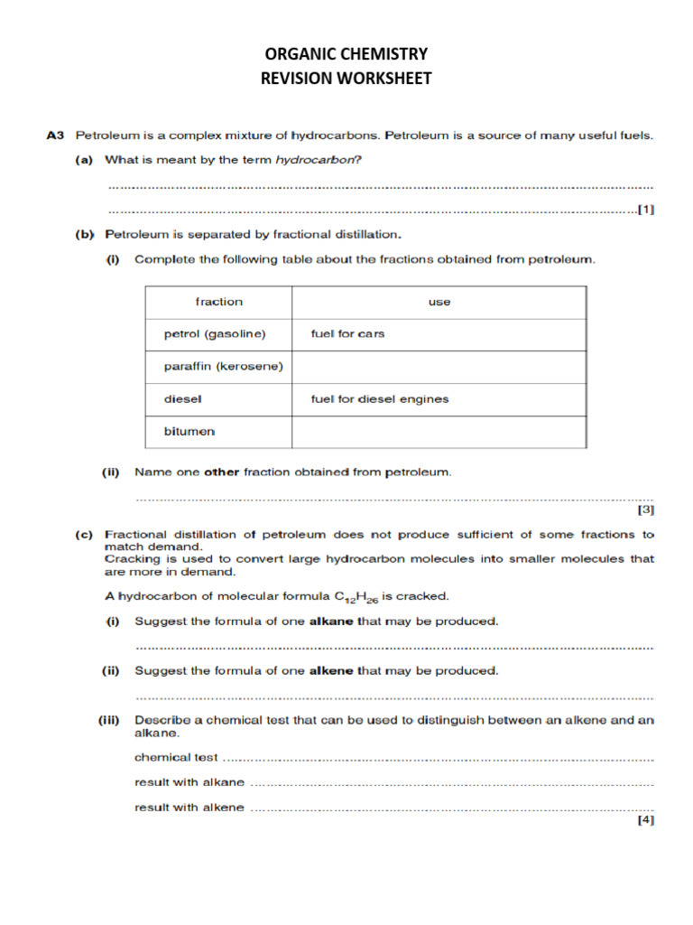 Organic Chemistry Revision Worksheet | PDF