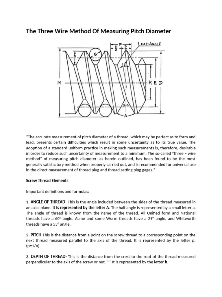 The Three Wire Method of Measuring Pitch Diameter | PDF | Screw ...