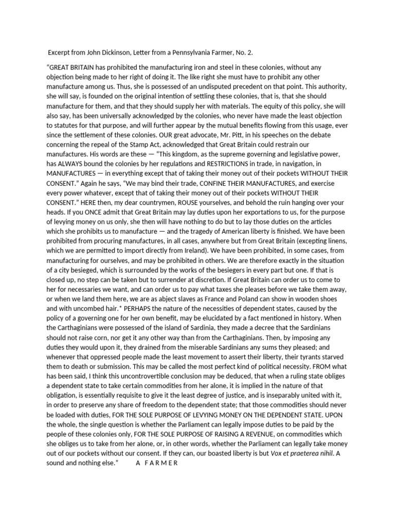 Excerpt From John Dickinson Letter From A Pennsylvania Farmer No 2 ...