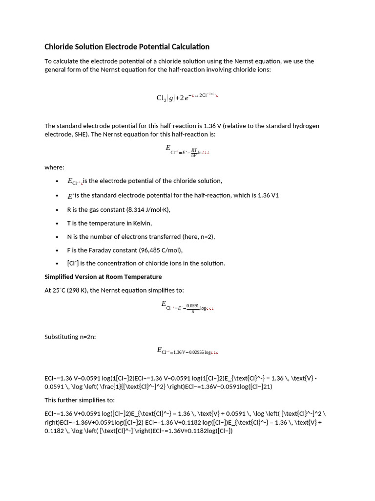 Chloride Solution Electrode Potential Calculation | PDF | Chloride ...