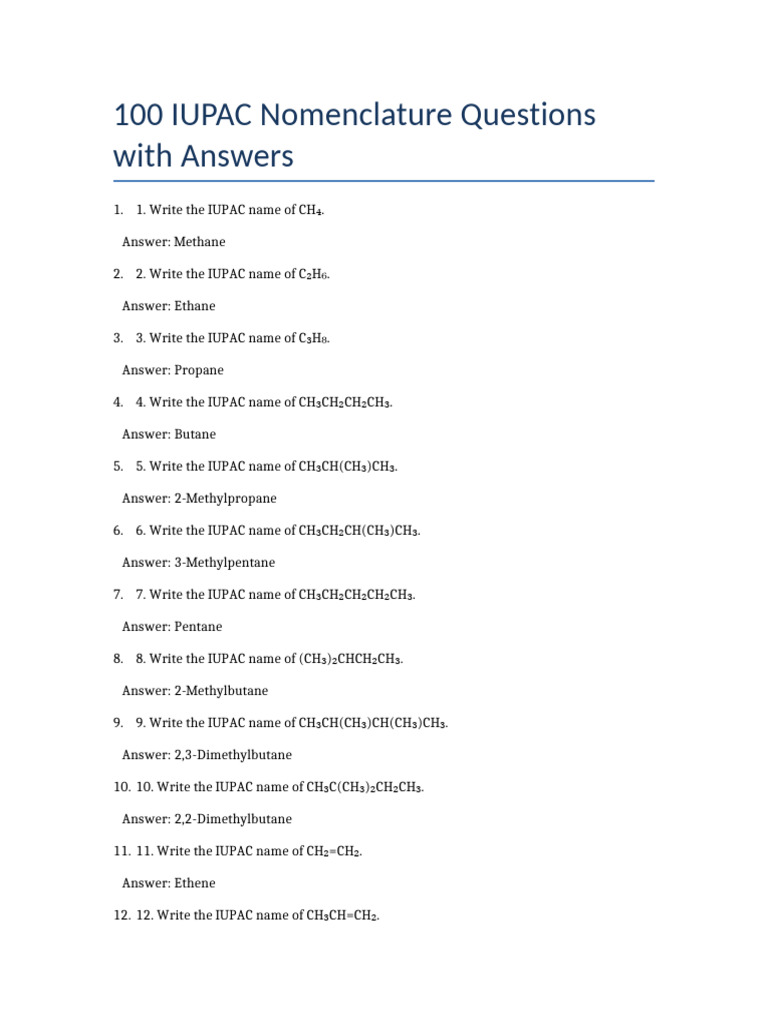 Complete IUPAC Nomenclature Questions With Answers | PDF | Chemical ...