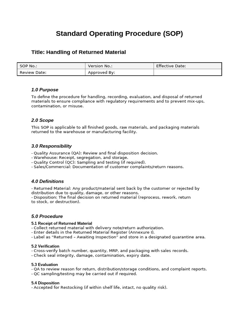 Returned Goods Handling SOP | PDF | Quality Assurance | Safety
