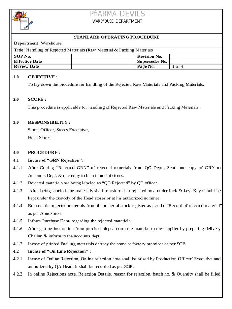 Rejected Materials Handling SOP | PDF | Warehouse