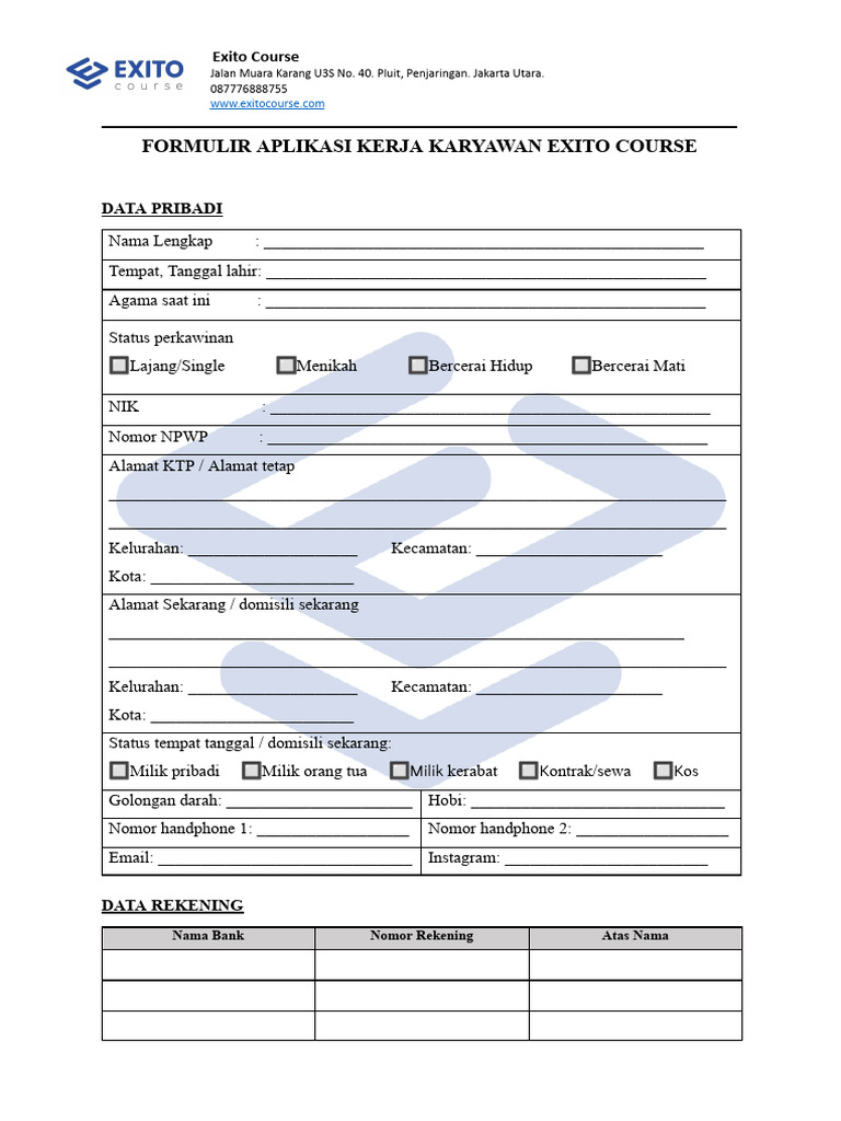 Formulir Aplikasi Kerja Karyawan Exito Course (Februari 2025) | PDF