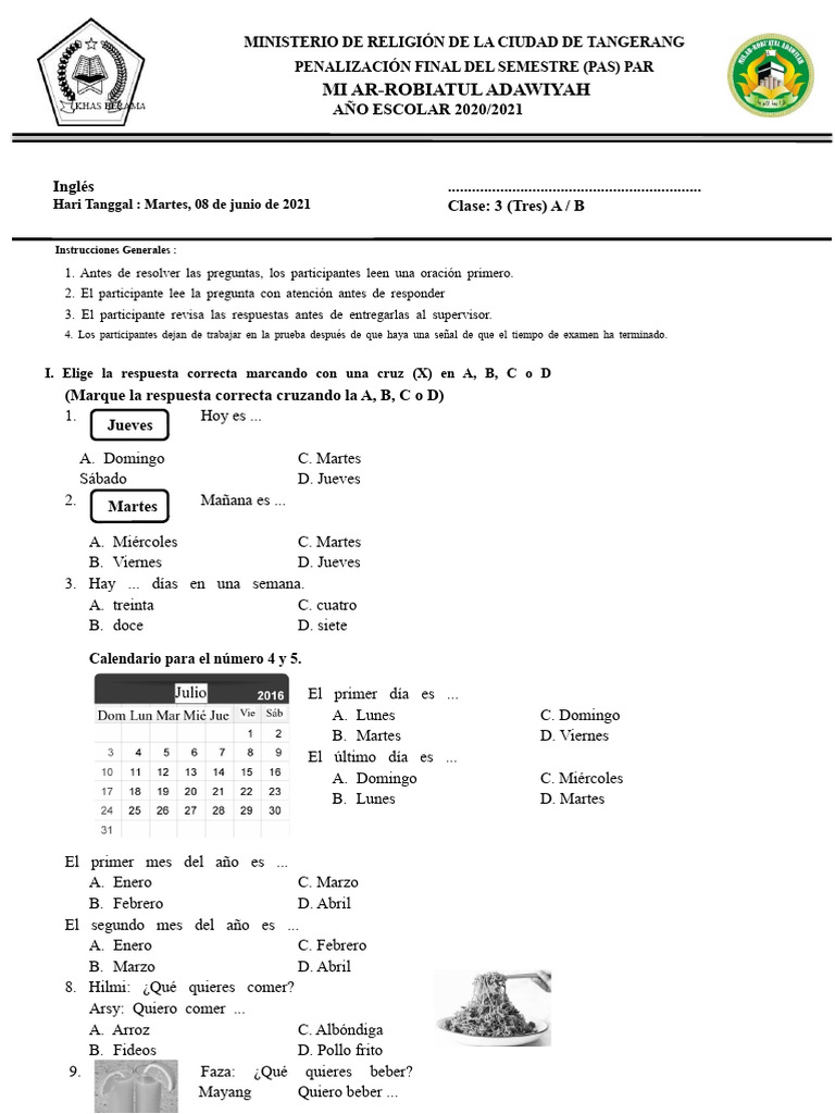 Preguntas de Inglés para El Tercer Grado, Semestre Par 2020-2021 | PDF ...
