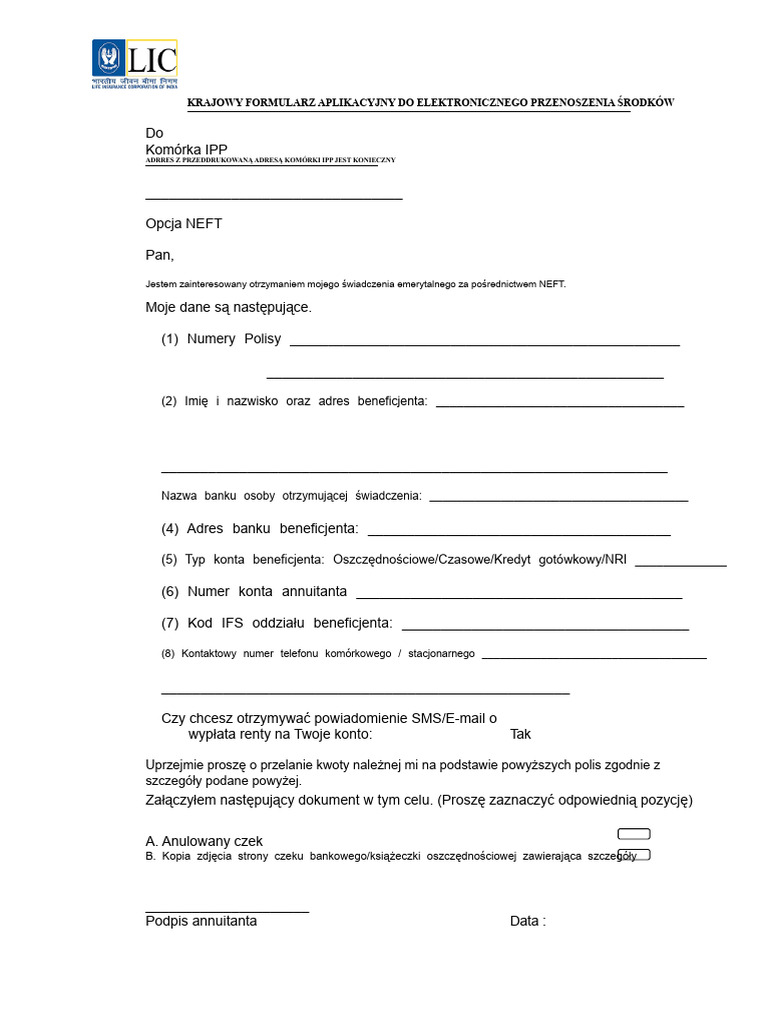 Formularz Mandatu NEFT IPP | PDF
