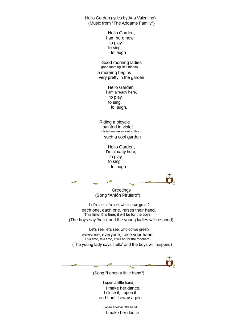 Song Repertoire For Garden Routines | PDF