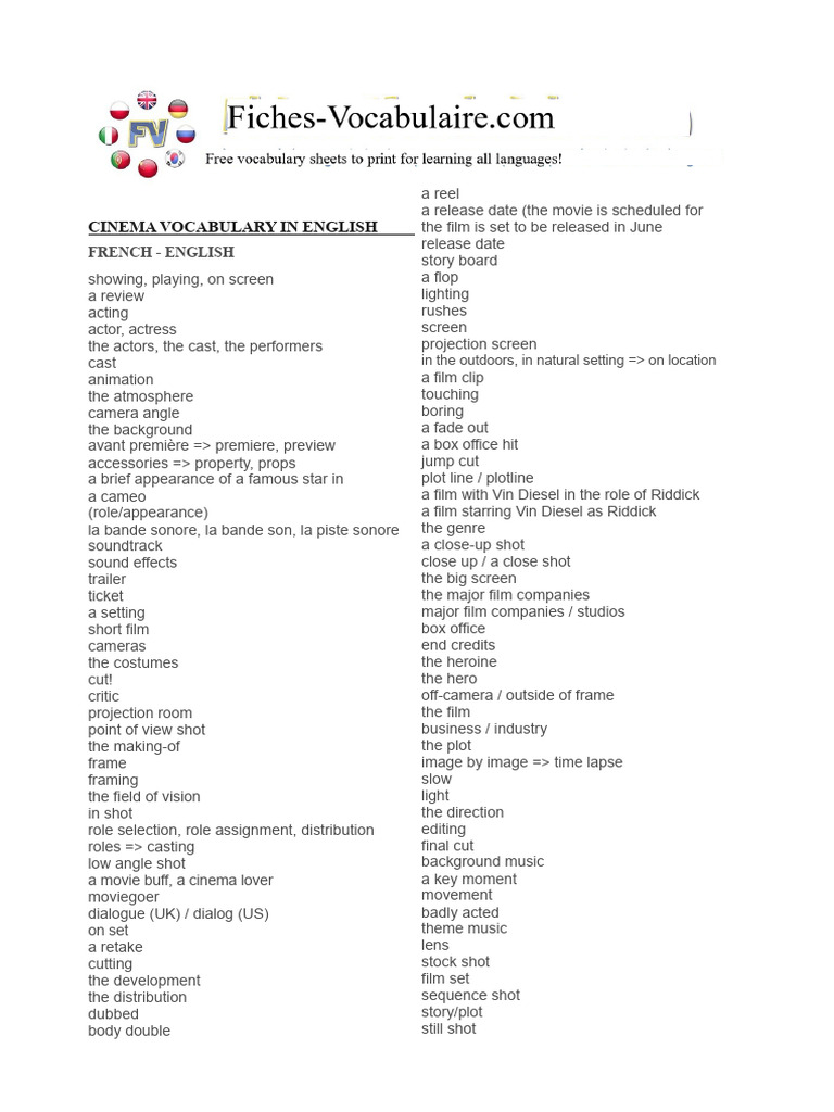 Cinema Vocabulary Glossary in English | PDF | Cinematography | Actor