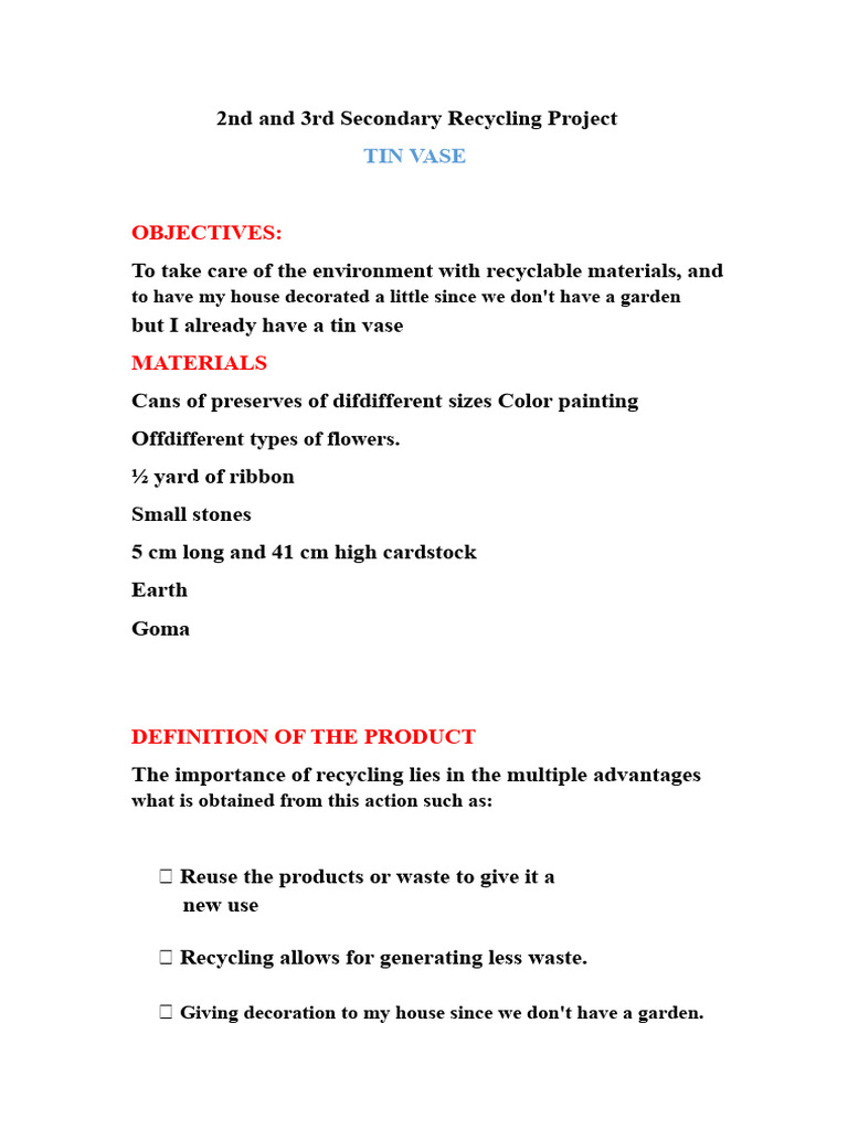 Recycling Project For 2ND and 3RD Year of Secondary Title | PDF
