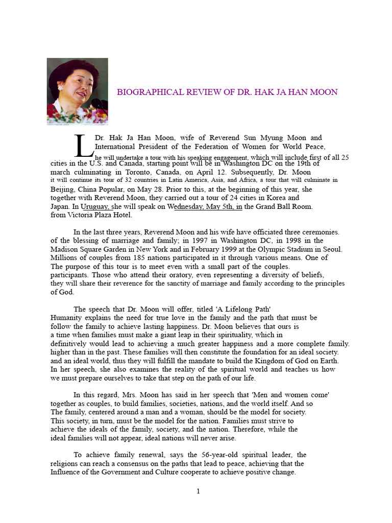 Biography of Hak Ja Han. Wife of Sun Myung Moon. | PDF