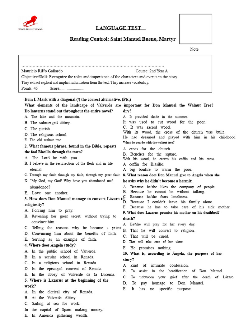 READING CONTROL. Dan Manuel Bueno, Martyr. 2nd Year of High School | PDF