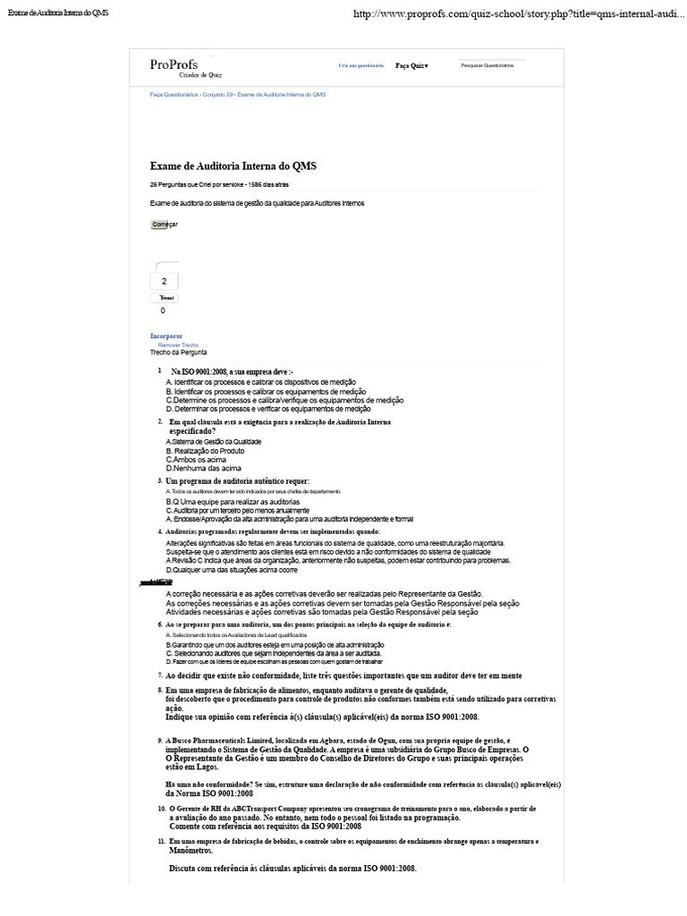 Questionário de Auditoria Interna QMS | PDF | Gestão de qualidade