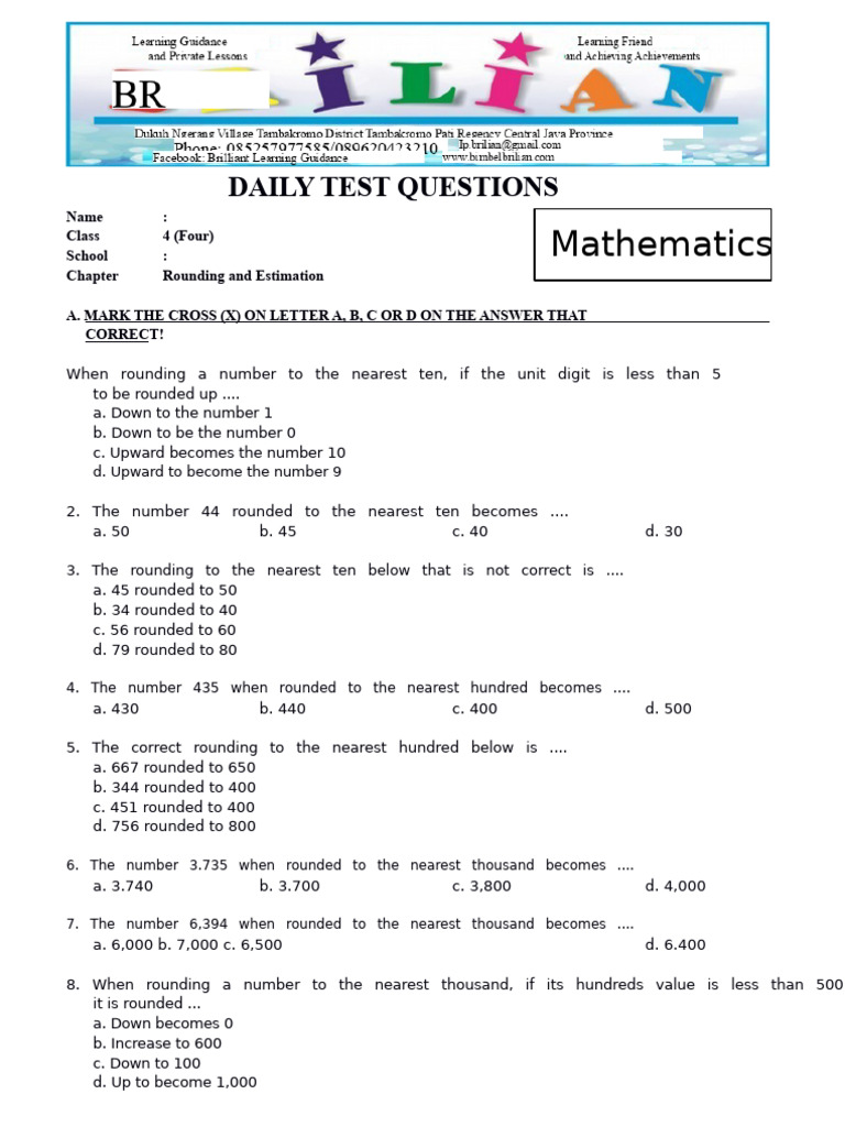 Mathematics Questions For 4th Grade Elementary School Chapter 2 ...