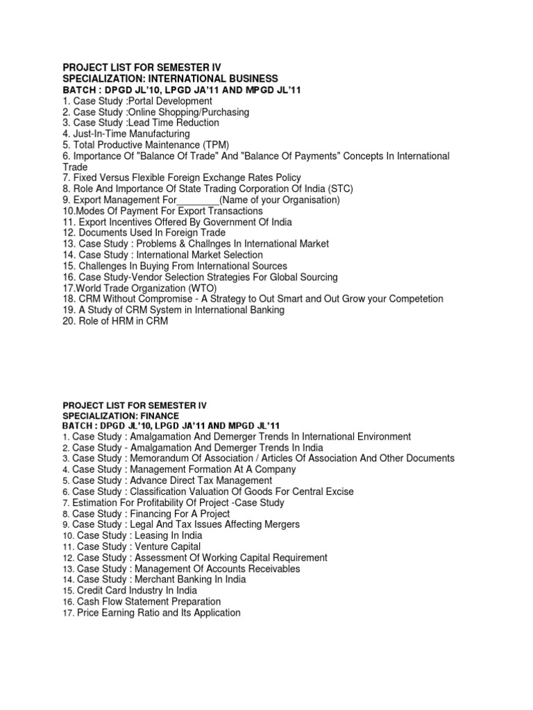 Semester IV Project List: IB & Finance | PDF | Valuation (Finance ...
