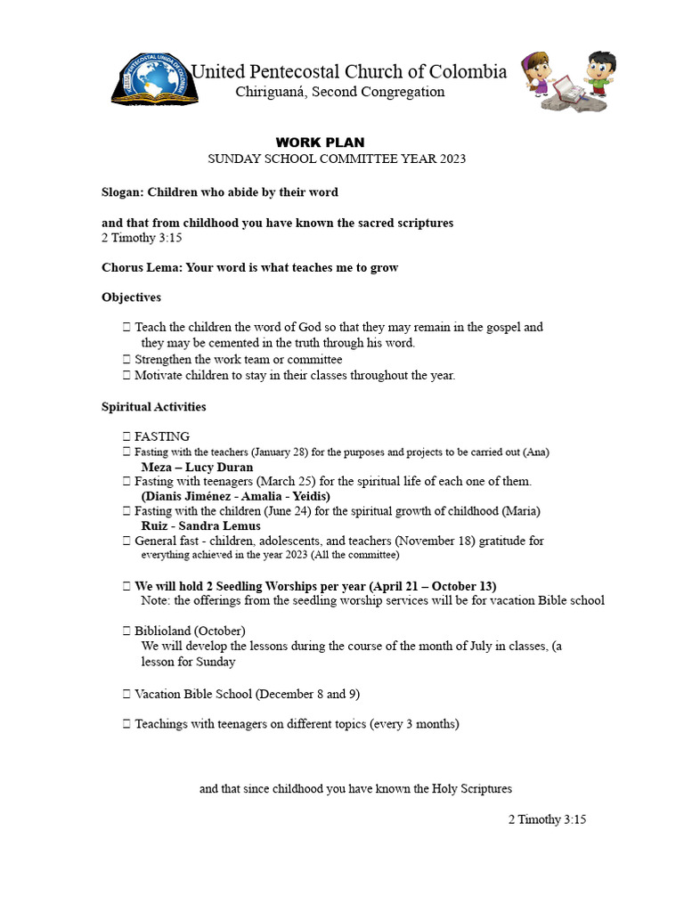 Sunday School Work Plan 2023 | PDF | Christian Movements | Protestantism