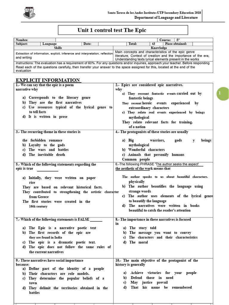 Test Unit 1 The Epic | PDF | Narrative | Genre