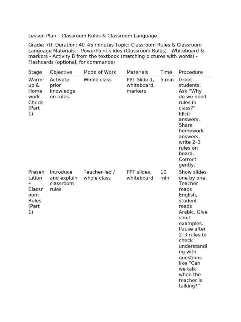 Classroom Rules Language Lessonplan | PDF | Teaching | Education Theory