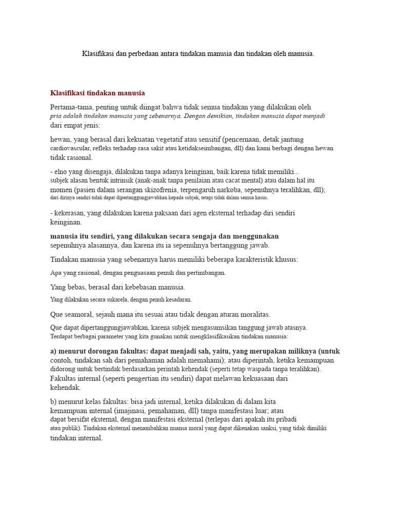 Klasifikasi Dan Perbedaan Antara Tindakan Manusia Dan Tindakan Yang Dilakukan Oleh Manusia | PDF