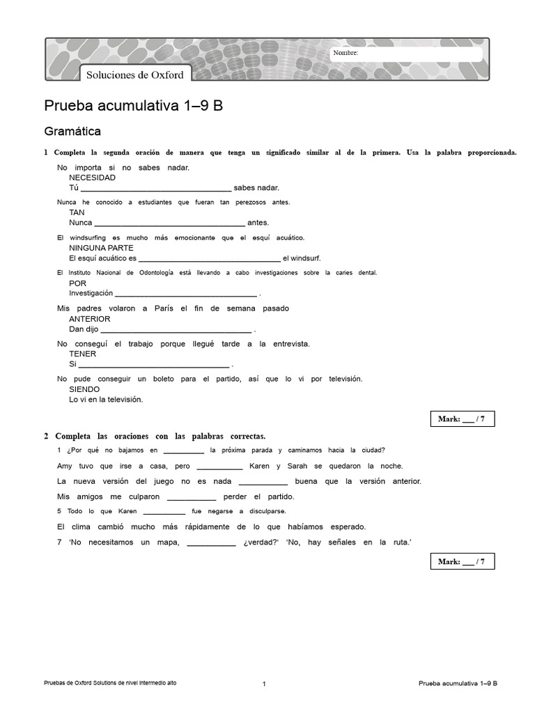 Prueba de gramática y vocabulario B | PDF | Lingüística