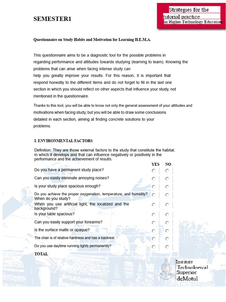 Study Habits and Motivation Questionnaire For Learning H.E.M.A | PDF ...
