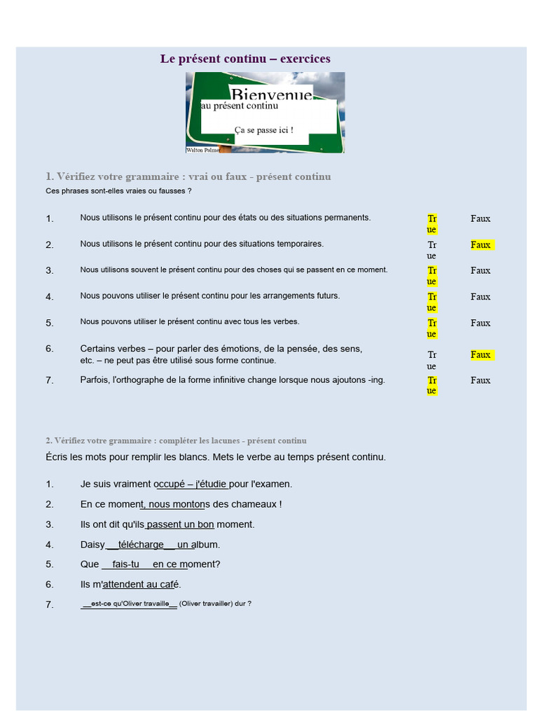 Exercices sur le présent continu | PDF | Verbe | Phrase