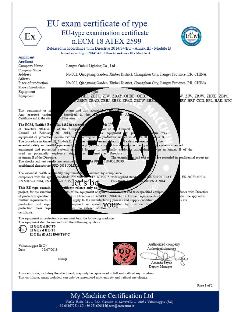 ATEX Certificate for Explosion Proof Lights | PDF | Safety