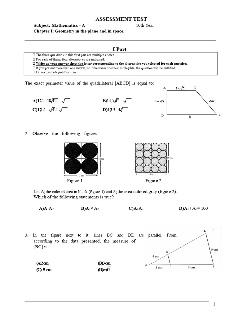 Assessment Test Initial Module 10th Year Mathematics A PDF | PDF ...