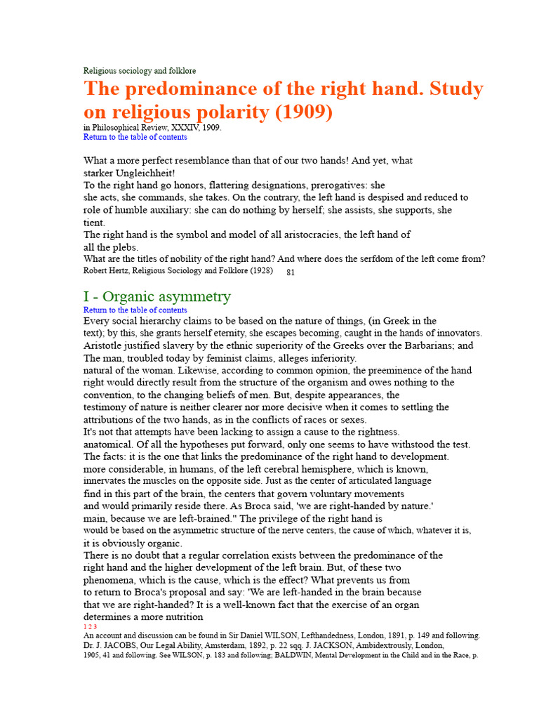 The Preeminence of The Right Hand. Study On Religious Polarity (1909 ...