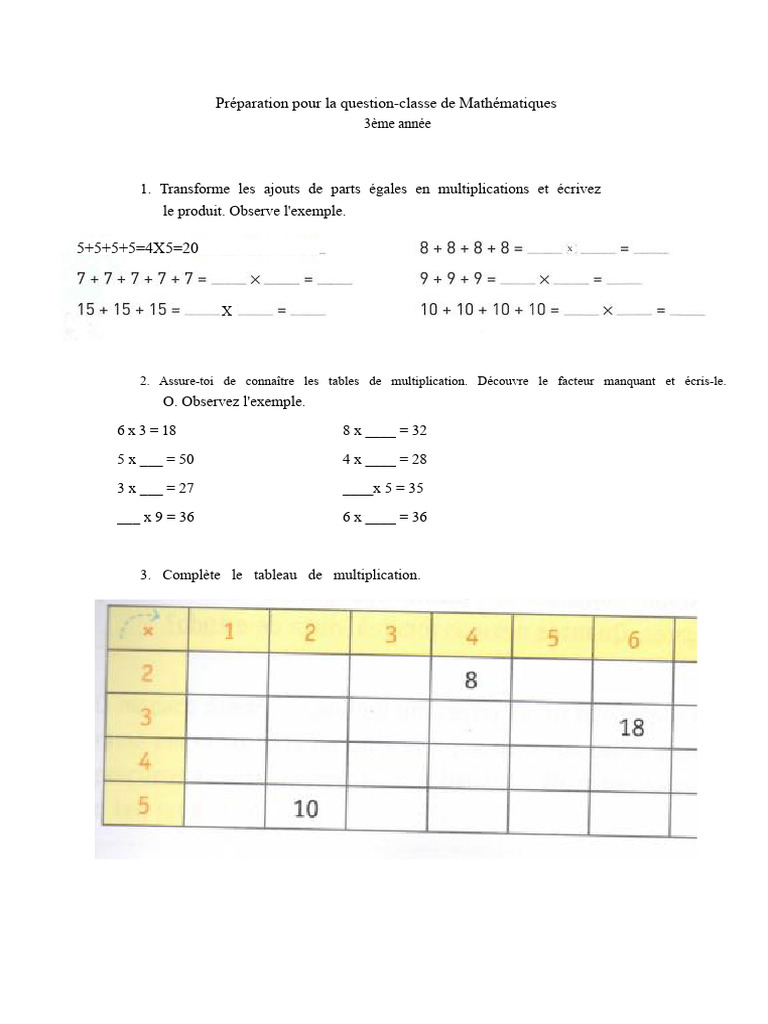 Exercices de multiplication 3e année | PDF