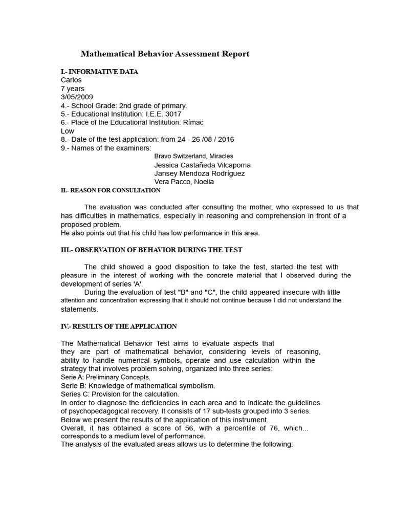 Report On The Evaluation of Mathematical Behavior | PDF | Mathematics ...