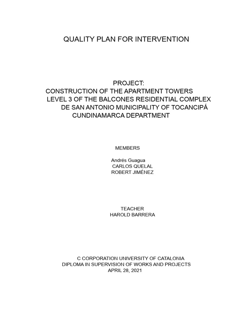 Quality Plan of Intervention | PDF | Specification (Technical Standard) | Regulatory Compliance