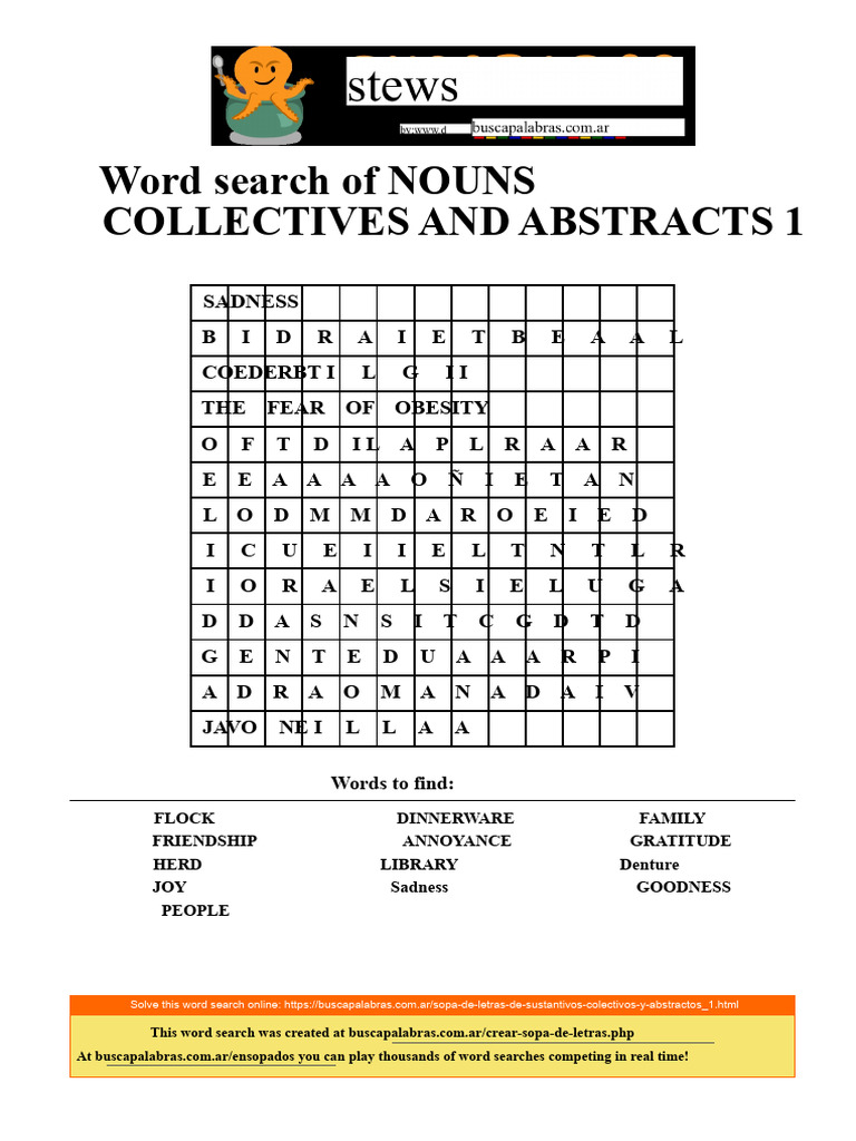 Word Search: Collective & Abstract Nouns | PDF