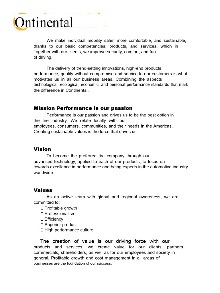 Continental Mission Vision and Values | PDF