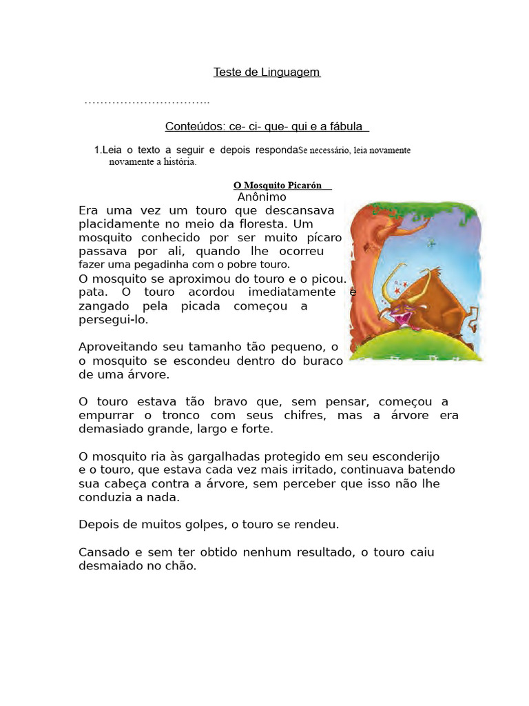 Fábula do Mosquito Picarón e Moral | PDF