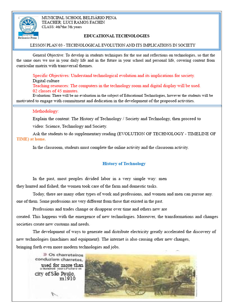 Technological Evolution in Society Lesson Plan | PDF | Lesson Plan ...